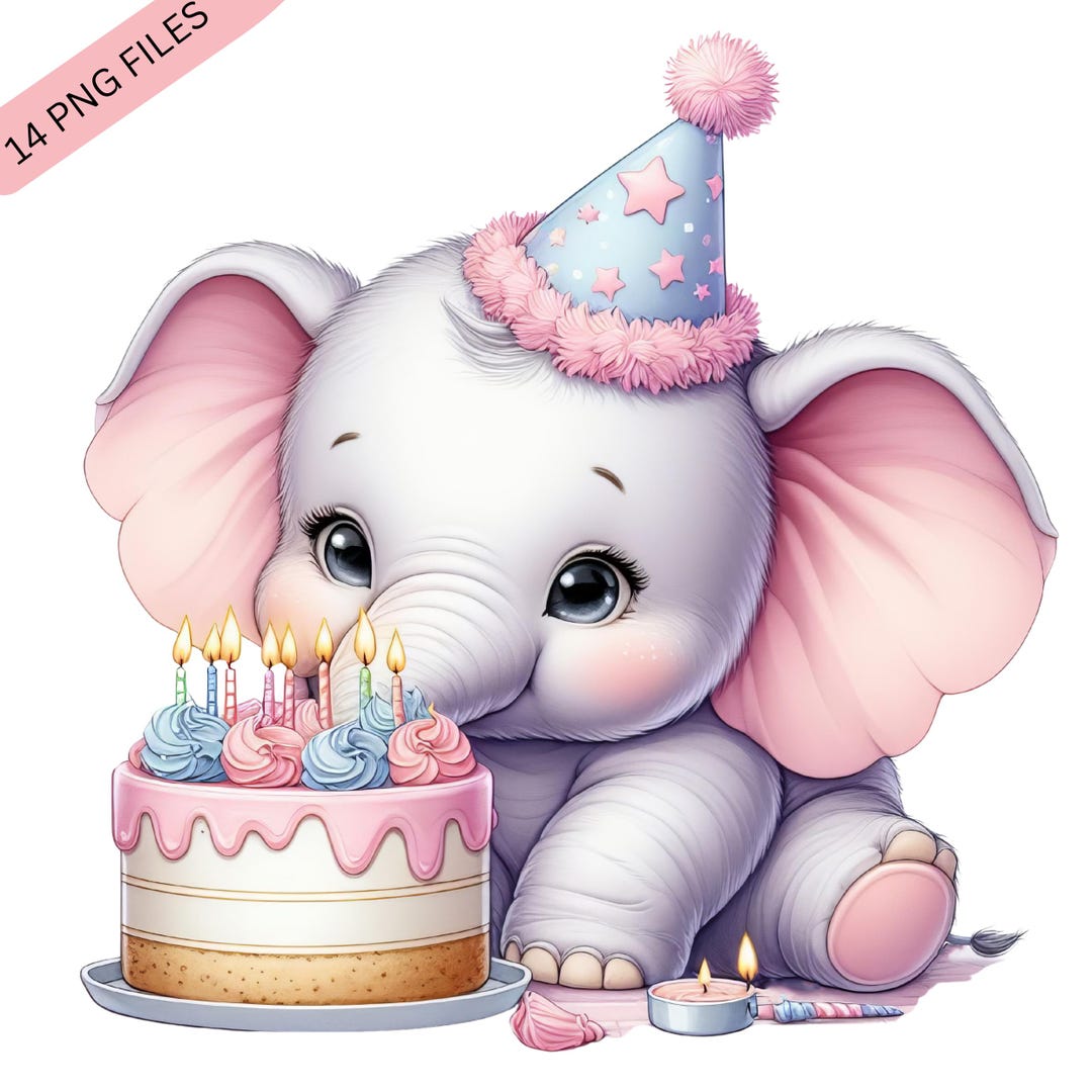 Baby Elephant Birthday Clipart, Pink Cake, Party Animals (PNG Download ...