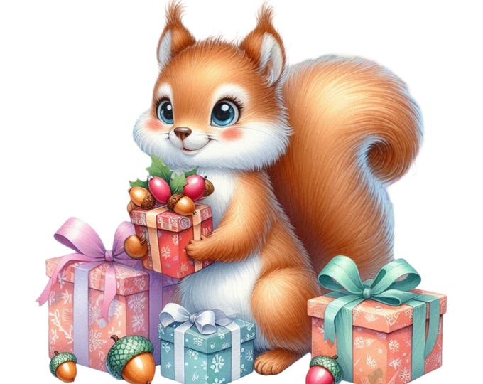 34 Squirrel Christmas Clipart, Watercolor Holiday Clip Art, Whimsical ...