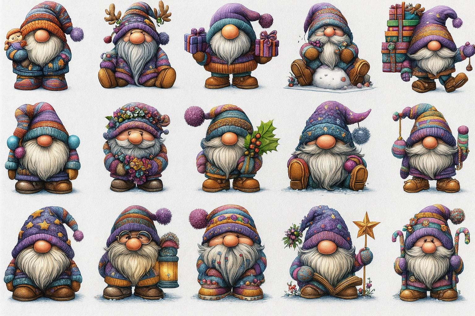 Rainbow Christmas Gnome Clipart Bundle, Holiday Holly PNG (instant ...