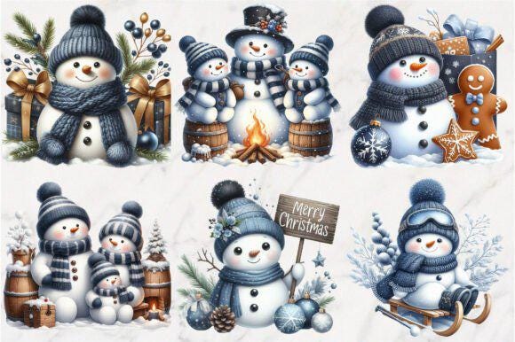 Snowman Family Christmas Clipart Bundle, Rustic Winter PNG Set (digital ...