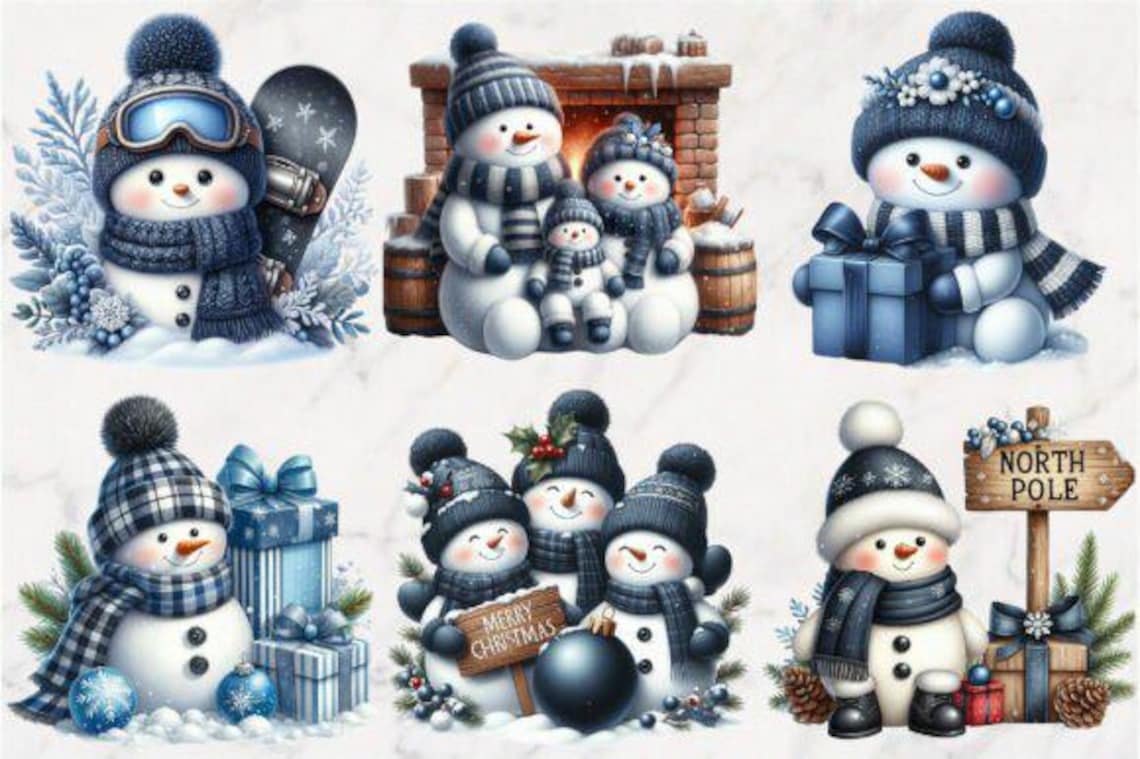 Gray Snowman Family Clipart PNG Bundle, Holiday Graphics (digital ...