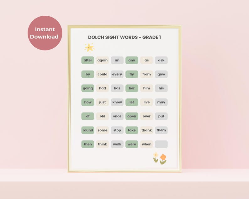 Sight Words Grade 1 Poster – Dolch Sight Word Printable for Kids ...