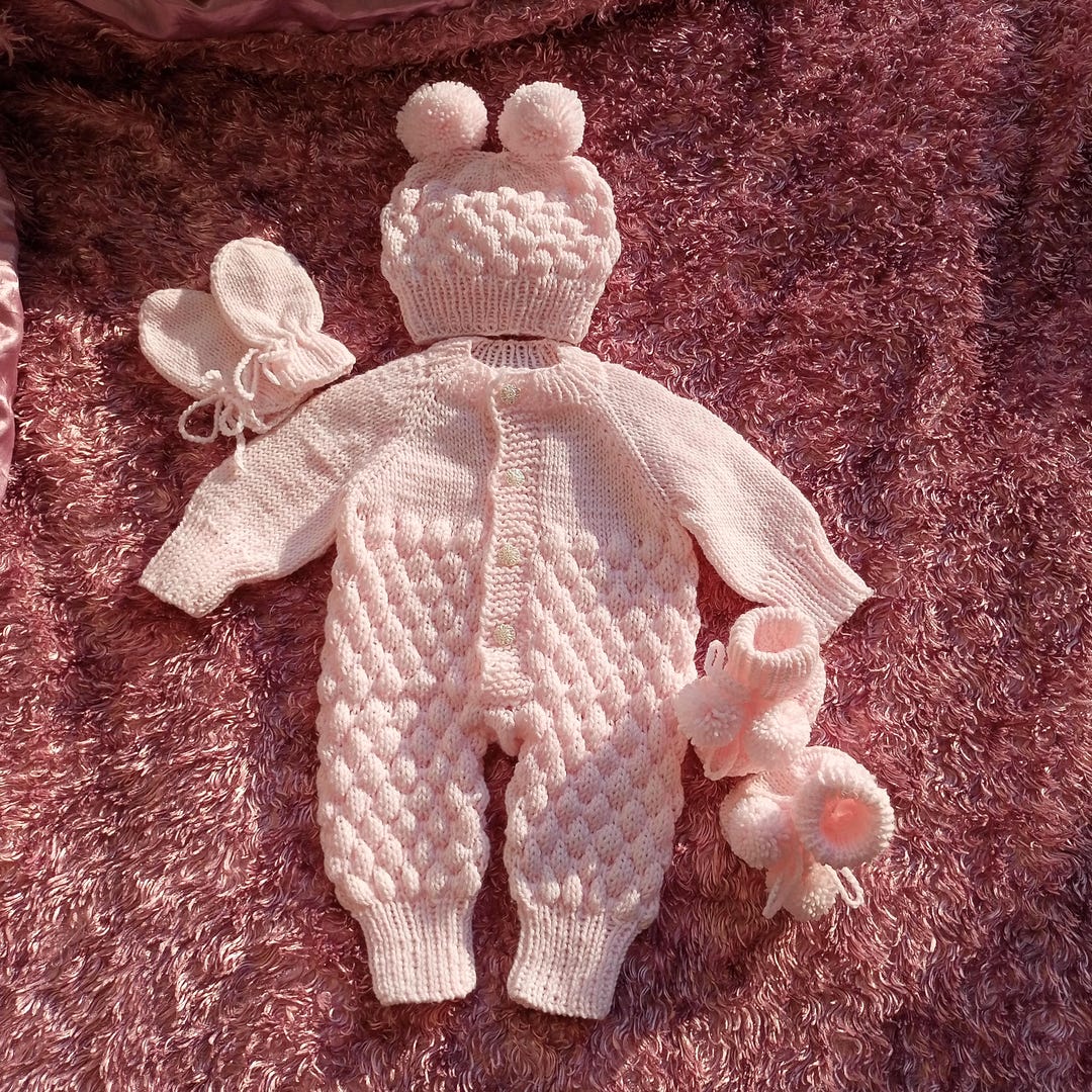 Handmade Knit Baby Romper Set: Newborn Outfit, Mittens, Hat & Booties ...