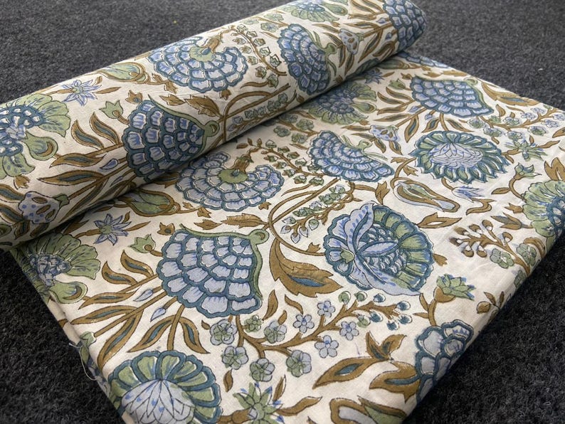 Hand Block Printed Cotton Fabric – Blue Green Floral Jaipuri Print - Etsy