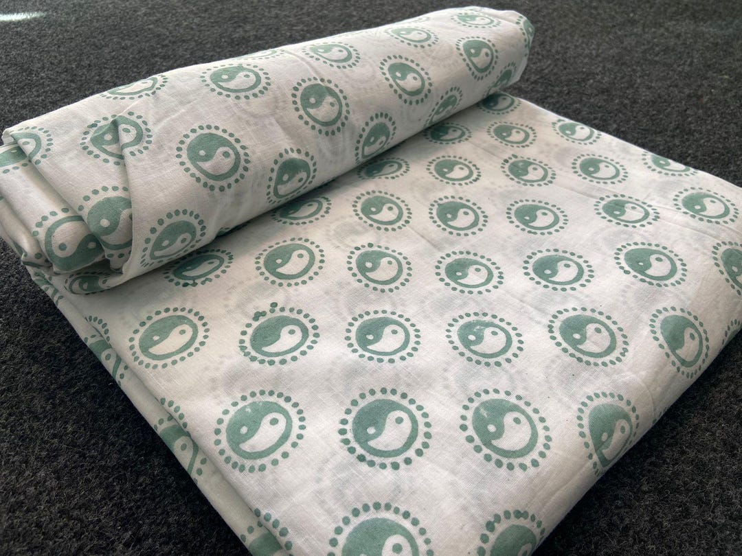 Mint Green Yin Yang Block Print Cotton Fabric | Jaipuri Sewing Quilting ...