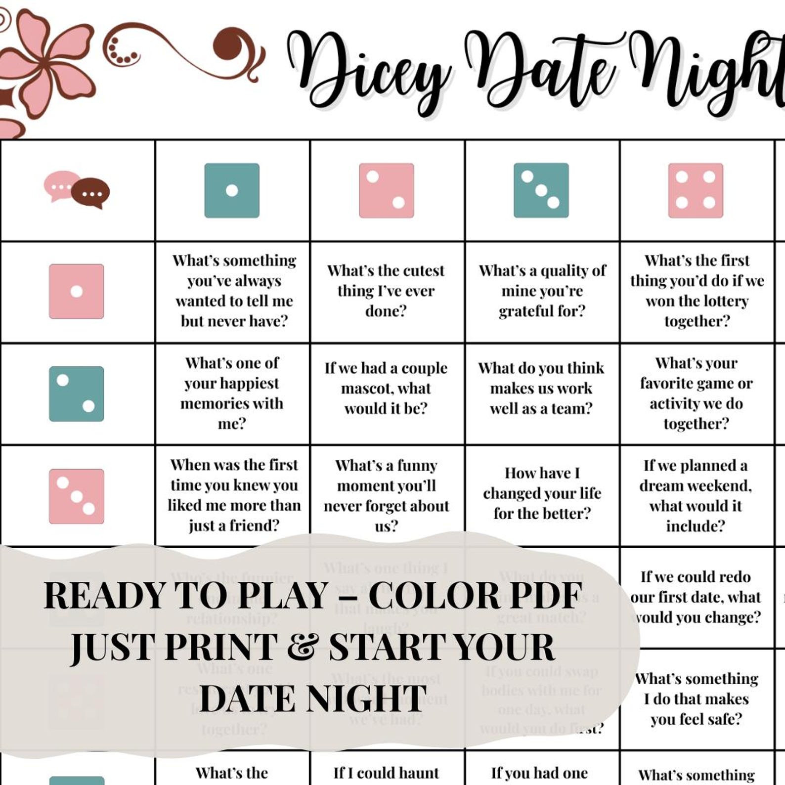 Editable Couples Dice Game: Romantic Date Night Conversation Starter ...