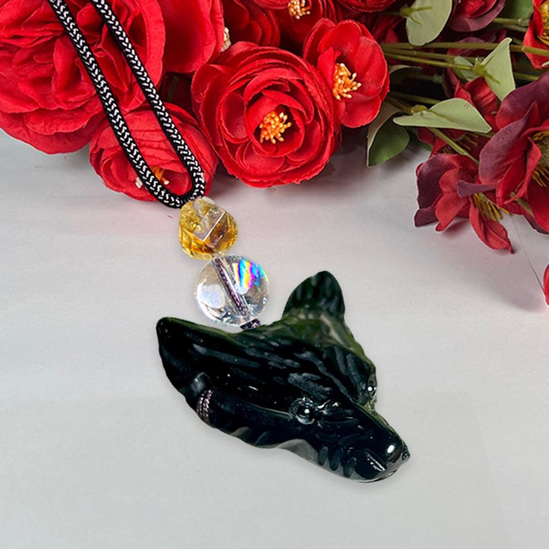 Black Obsidian Stone Wolf Head Rainbow Satyaloka Quartz 12mm & Citrine ...