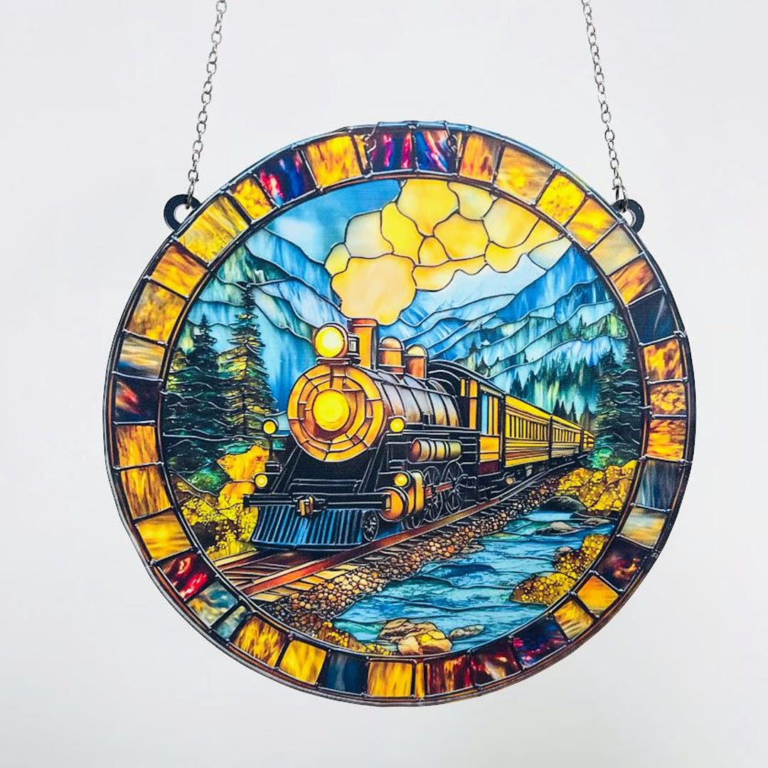 Vintage Locomotive Faux Stained Glass Acrylic Suncatcher Window Hanging ...