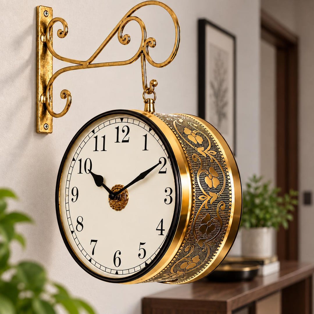 Double Sided Wall Clock, Vintage Station Clock, Gold Metal Clock ...