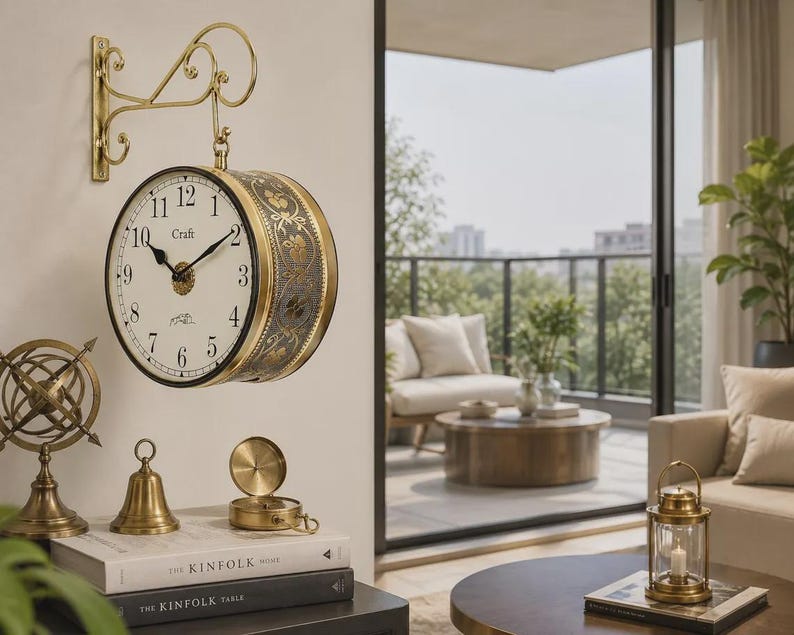 Double Sided Wall Clock, Vintage Station Clock, Gold Metal Clock ...