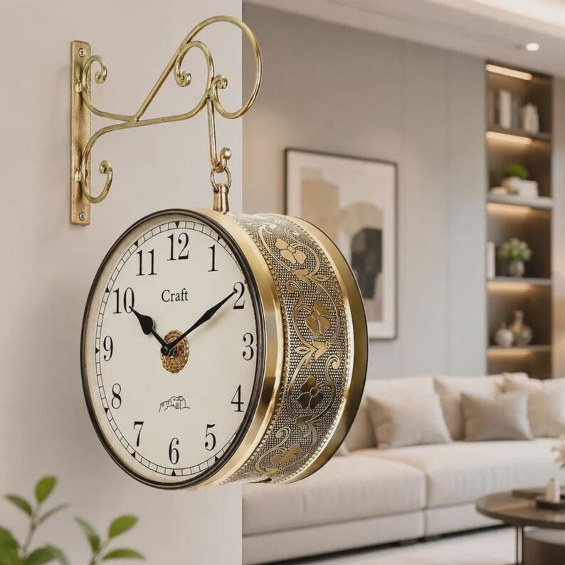 Double Sided Wall Clock, Vintage Station Clock, Gold Metal Clock ...