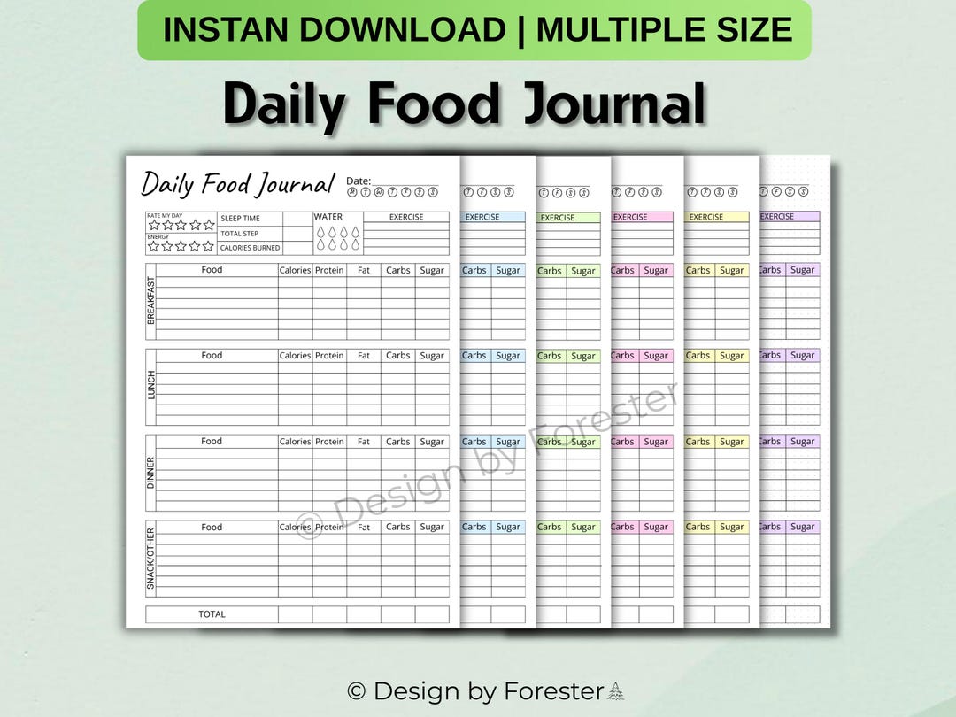 Daily Food Journal, Printable Meal Planner, Nutrition Tracker, Diet Log ...