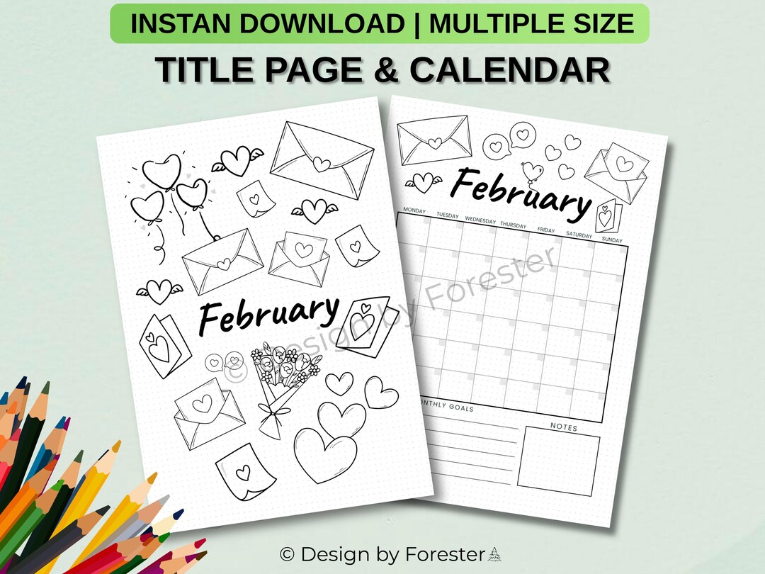 February Bullet Journal Title Page and Calendar, Journal Template ...