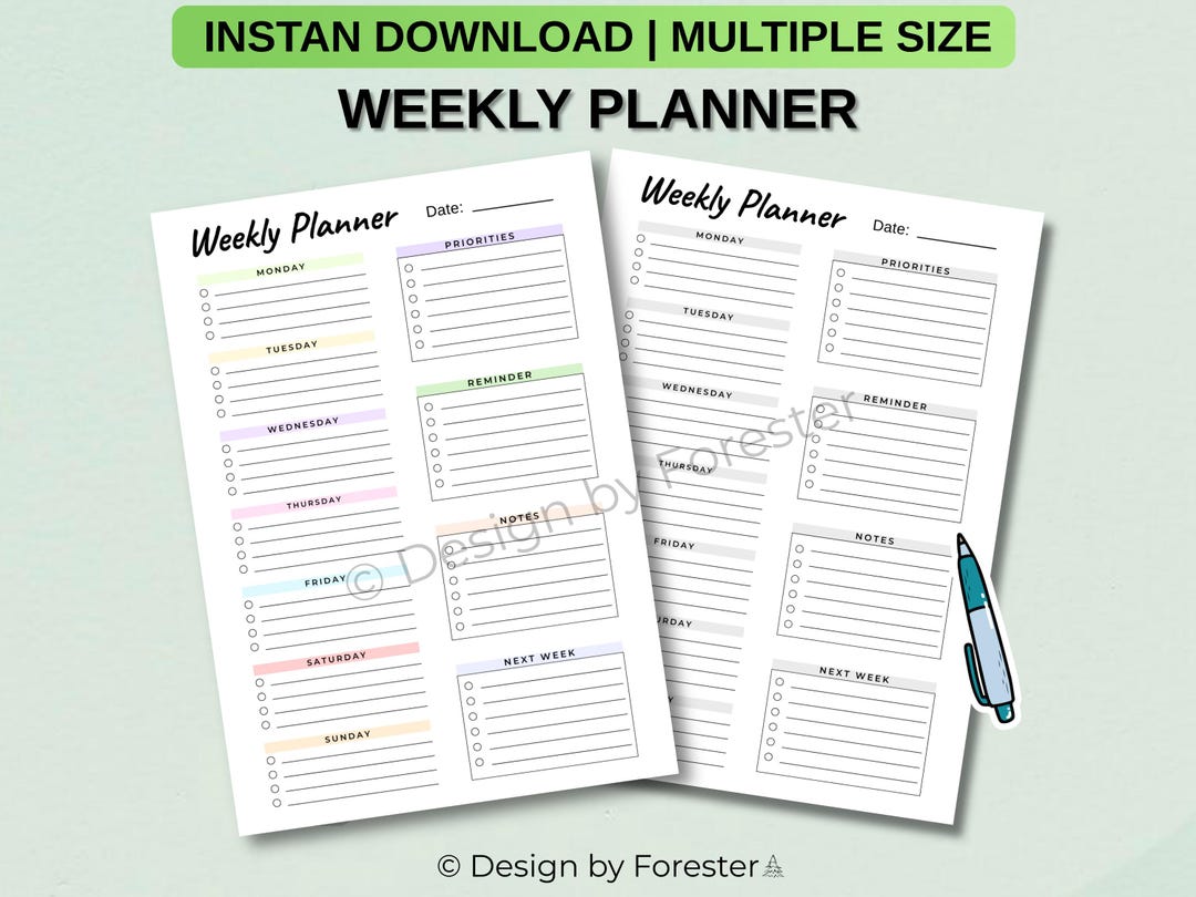 Weekly Planner Printable | Minimal Weekly Planner | Color & Black ...