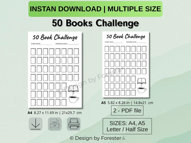 50 Books Reading Challenge, Printable Book Tracker (PDF) - Etsy