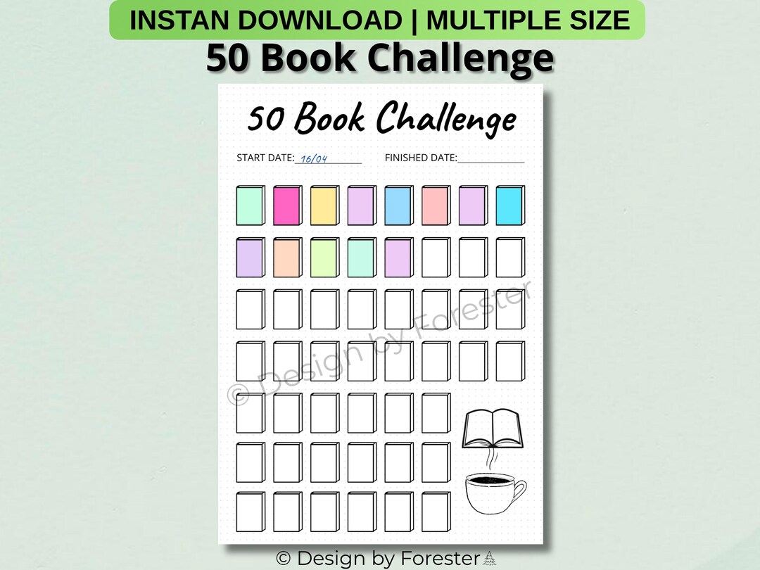 50 Books Reading Challenge, Printable Book Tracker (PDF) - Etsy