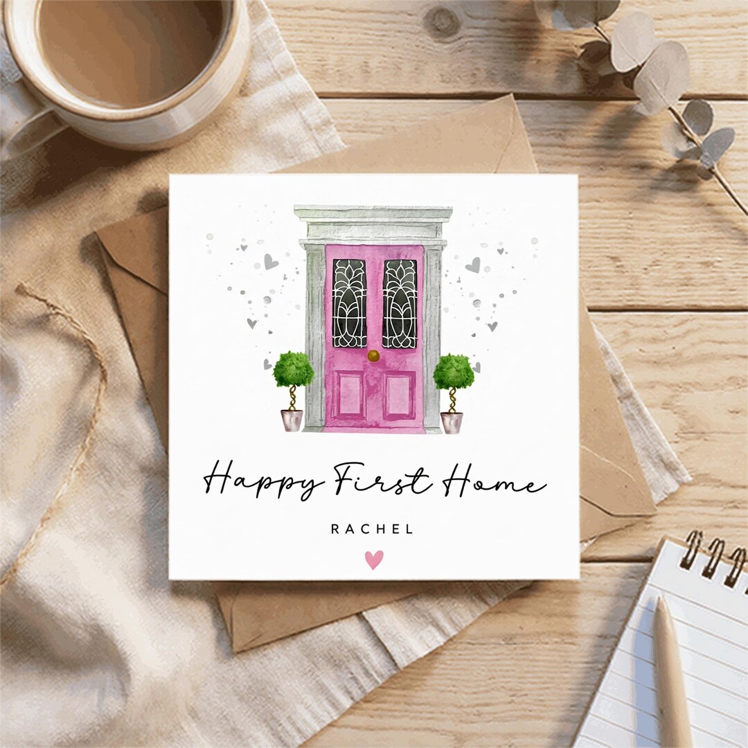 Personalised New Home Card, Happy First Home Door Illustration, Pink ...