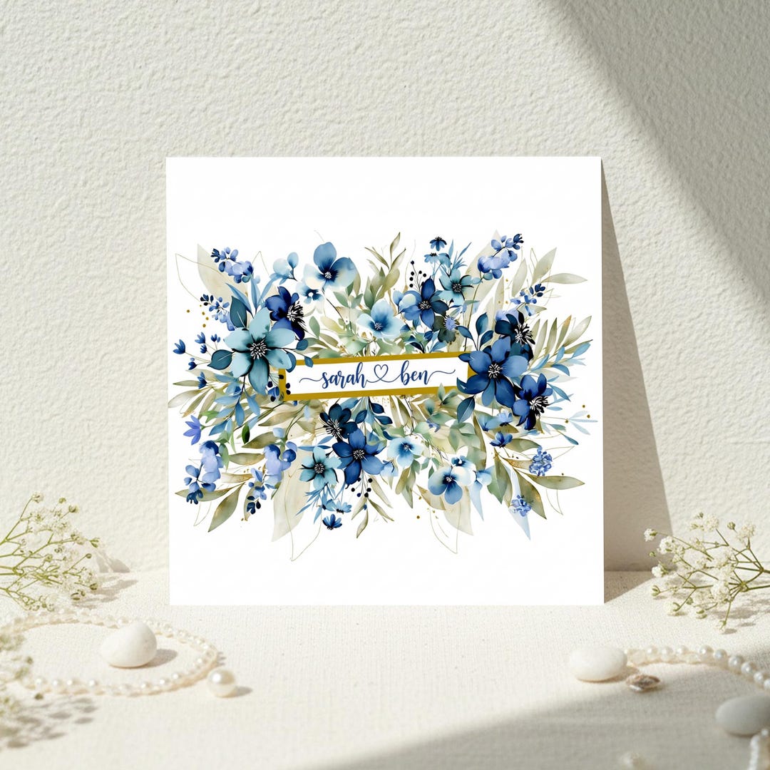 Personalized Wedding Card With Couple Names, Blue Floral Anniversary ...