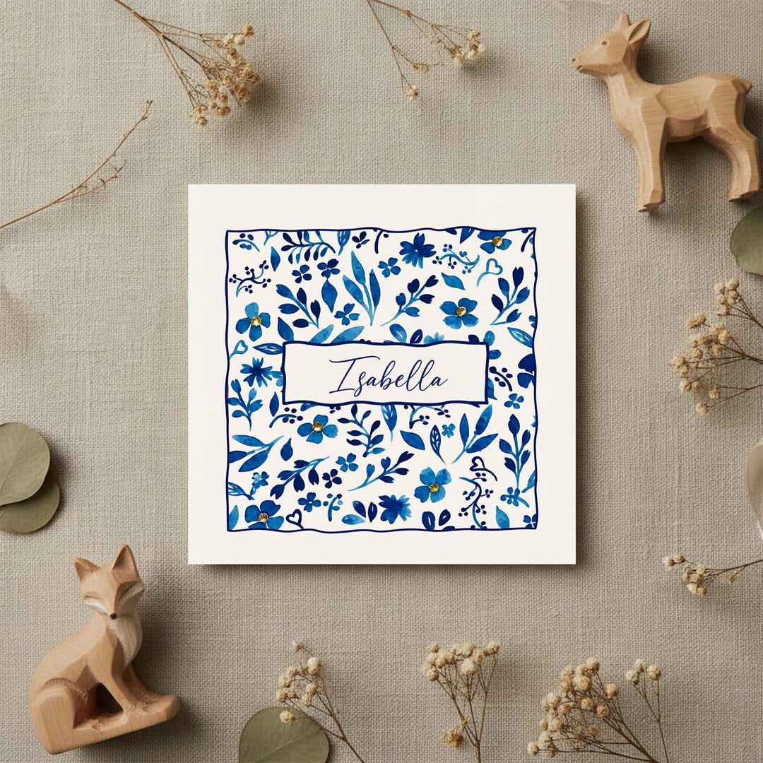 Personalized Name Card With Blue Watercolor Floral Design, Custom ...