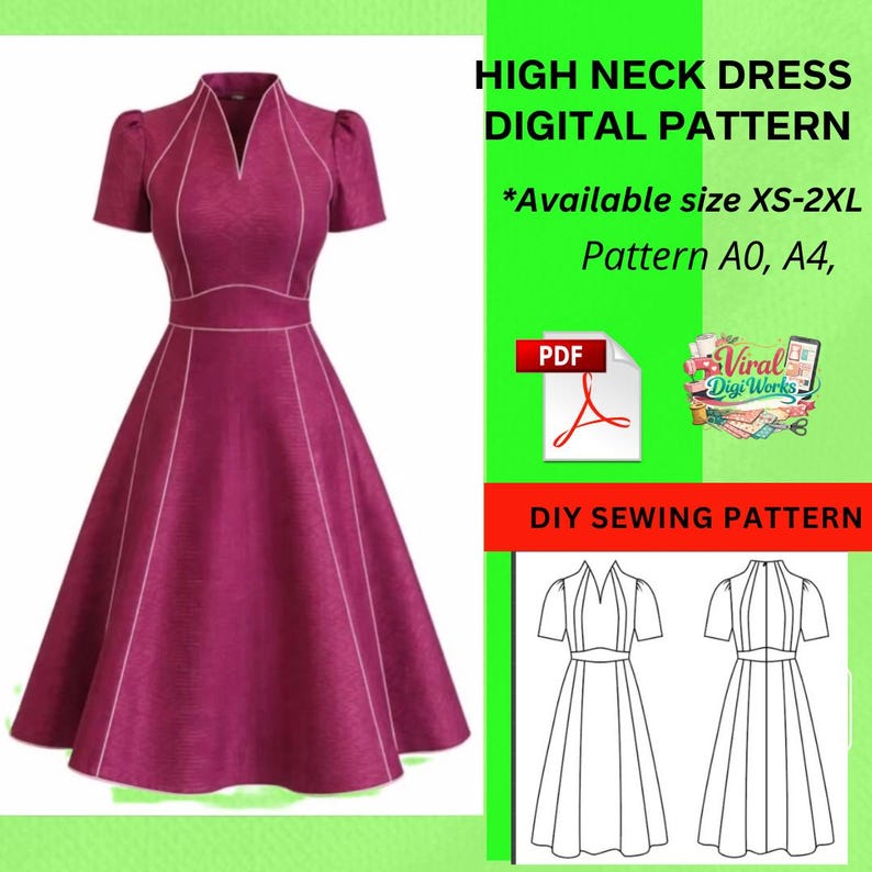 High Neck Fit & Flare Dress Sewing Pattern – Vintage Midi DIY (digital ...