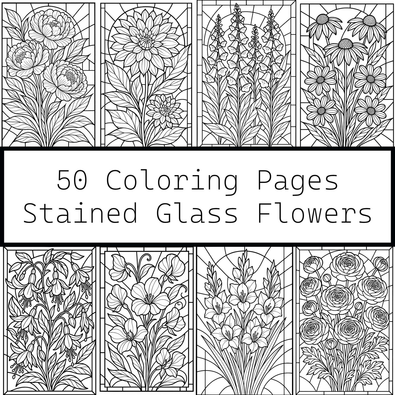 Stained Glass Flower Coloring Book: 50 Printable Floral Designs (PDF ...