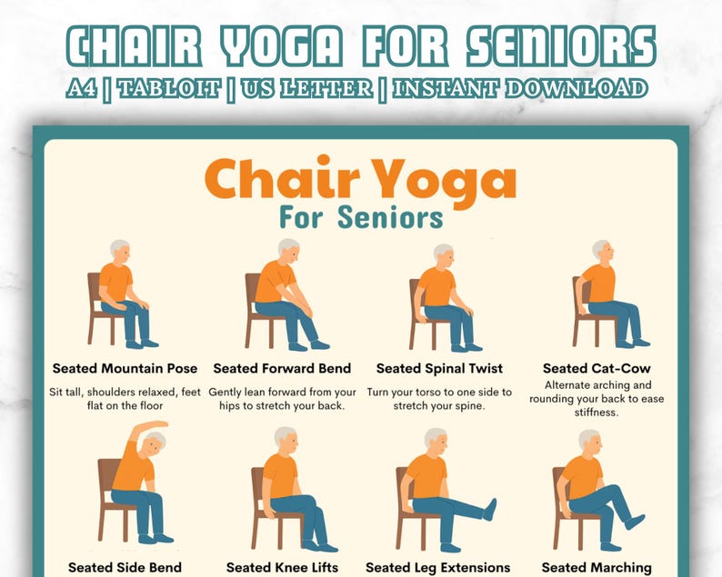 Chair Yoga for Seniors – Printable Seated Yoga Chart With 16 Gentle ...