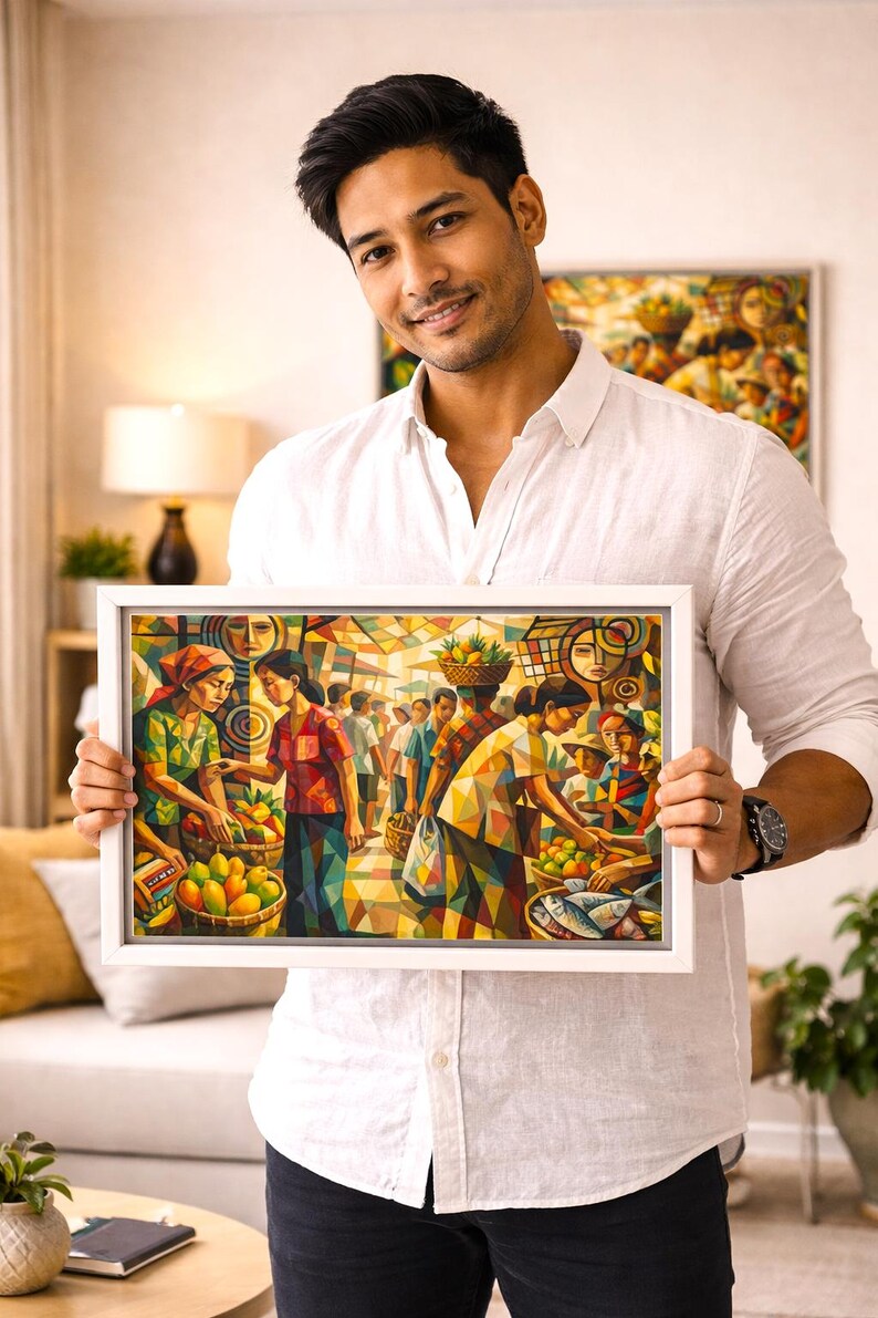 Manansala-inspired Filipino Marketplace Cubist Art | Colorful Matte ...