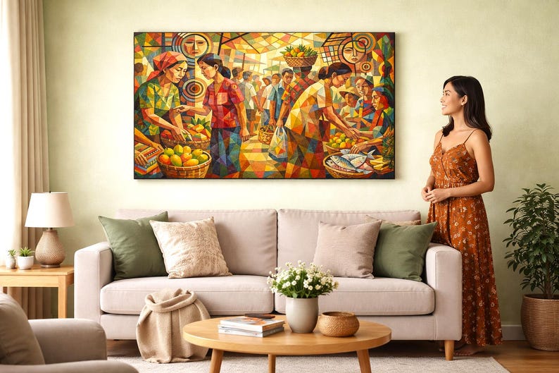 Manansala-inspired Filipino Marketplace Cubist Art | Colorful Matte ...