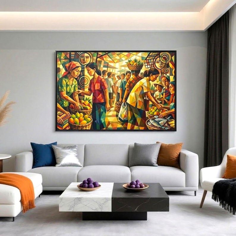 Manansala-inspired Filipino Marketplace Cubist Art | Colorful Matte ...