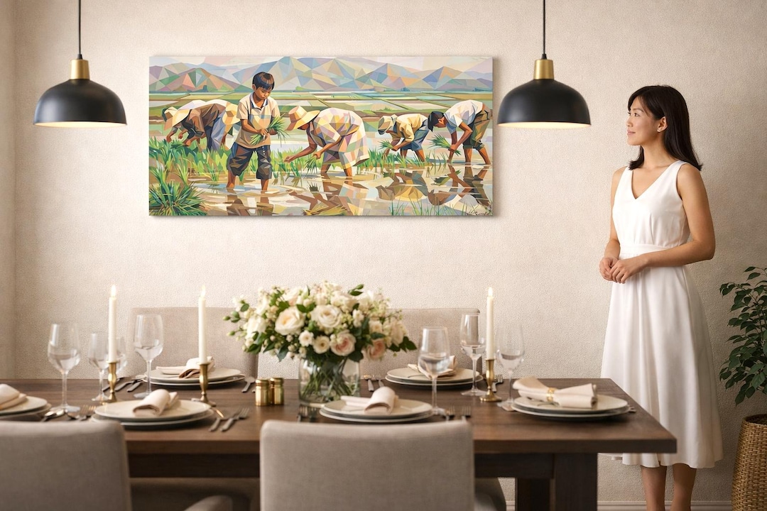 Manansala-inspired Cubist Filipino Farmers Planting Rice Canvas Wall ...