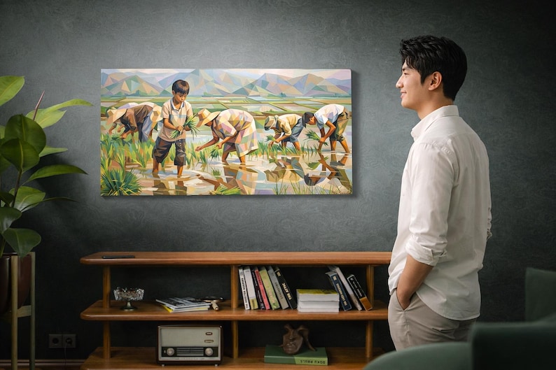 Manansala-inspired Cubist Filipino Farmers Planting Rice Canvas Wall ...