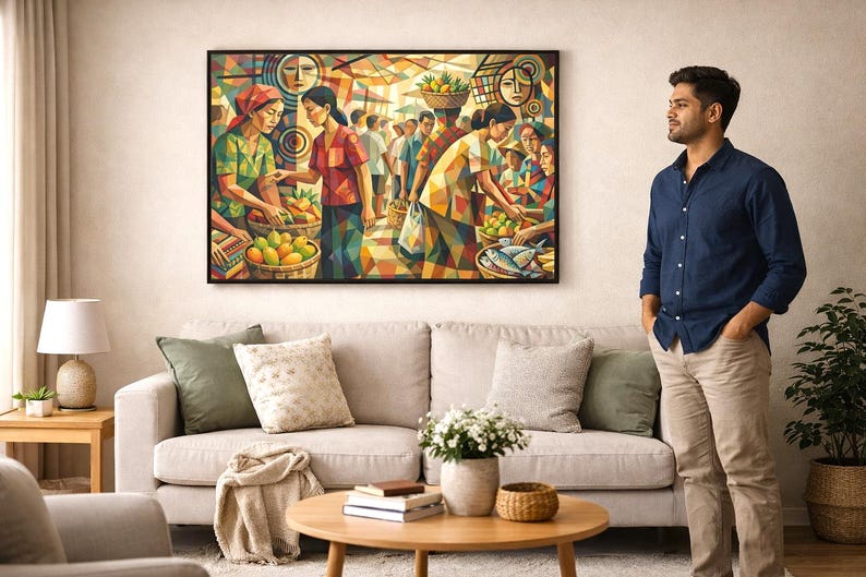 Manansala-inspired Filipino Marketplace Cubist Art | Colorful Matte ...