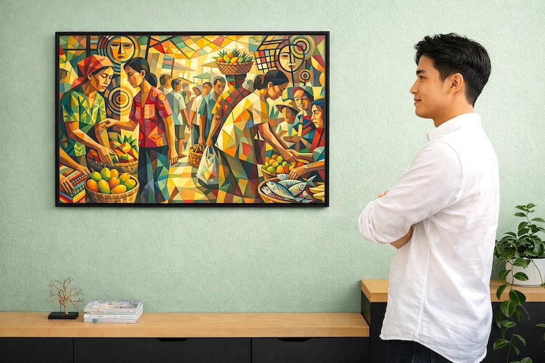 Manansala-inspired Filipino Marketplace Cubist Art | Colorful Matte ...