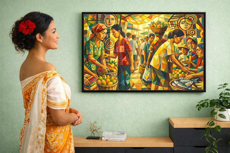 Manansala-inspired Filipino Marketplace Cubist Art | Colorful Matte ...