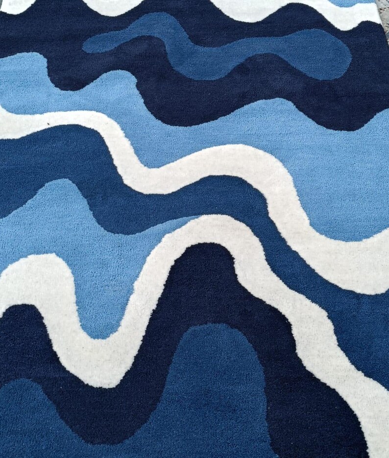 Blue Wave Wool Rug | Hand-tufted Abstract Ocean Carpet - Etsy