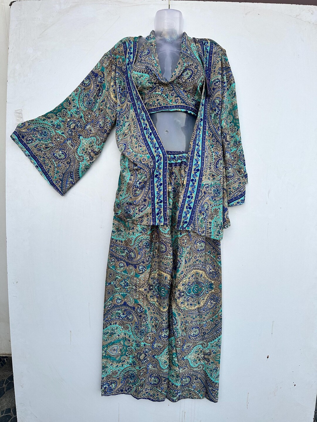 Boho 3-piece Co-ord Set – Paisley Print Kimono, Crop Top & Wide-leg ...