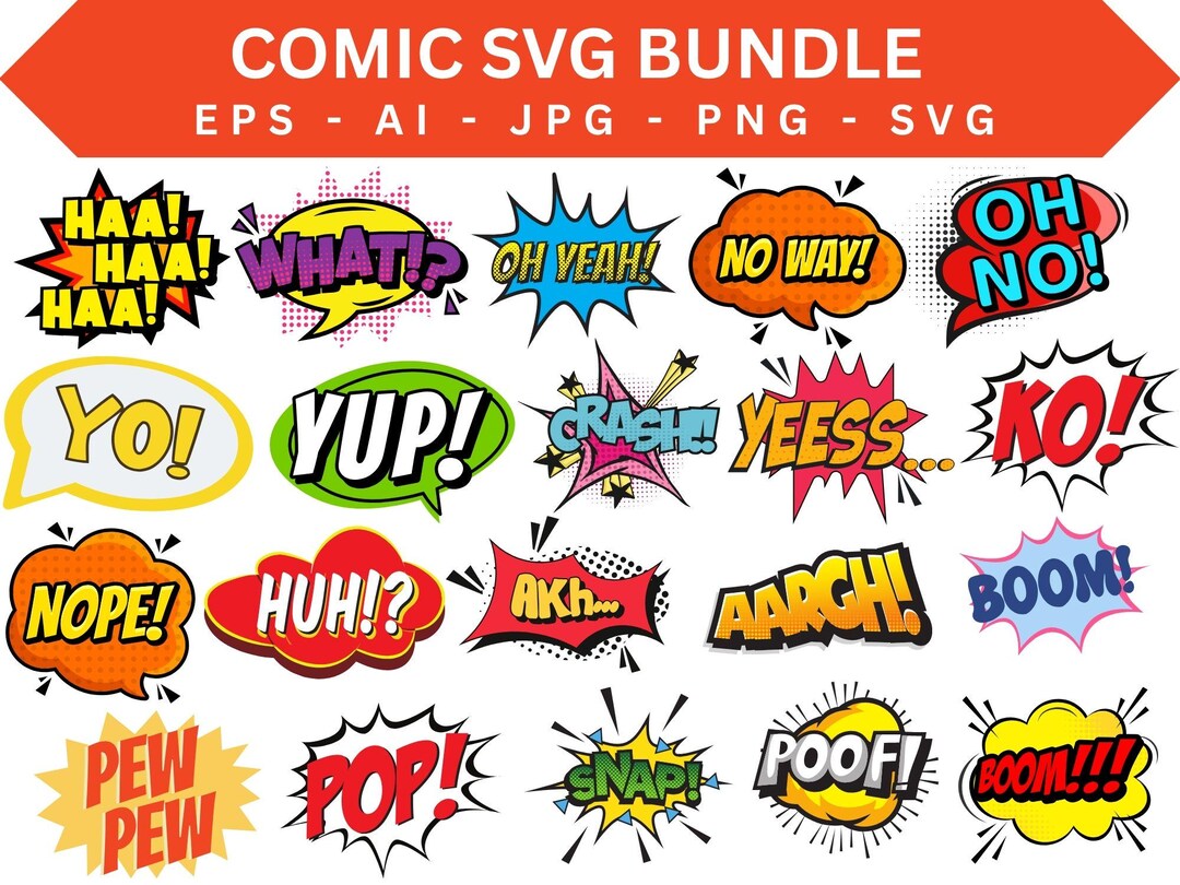 Comic Style Action Bubbles SVG Bundle, Cartoon Cut Files (digital ...
