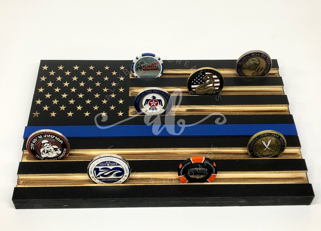 8 X 12 30 Coins Thin Blue Line Desk USA Flag 25 Challenge Coin Holder ...