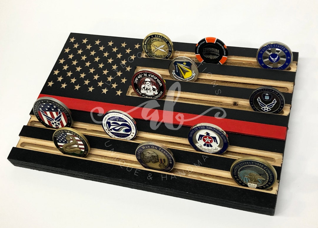 30 Coins Thin Red Line Desk USA American Wood Flag Challenge Coin Rack ...