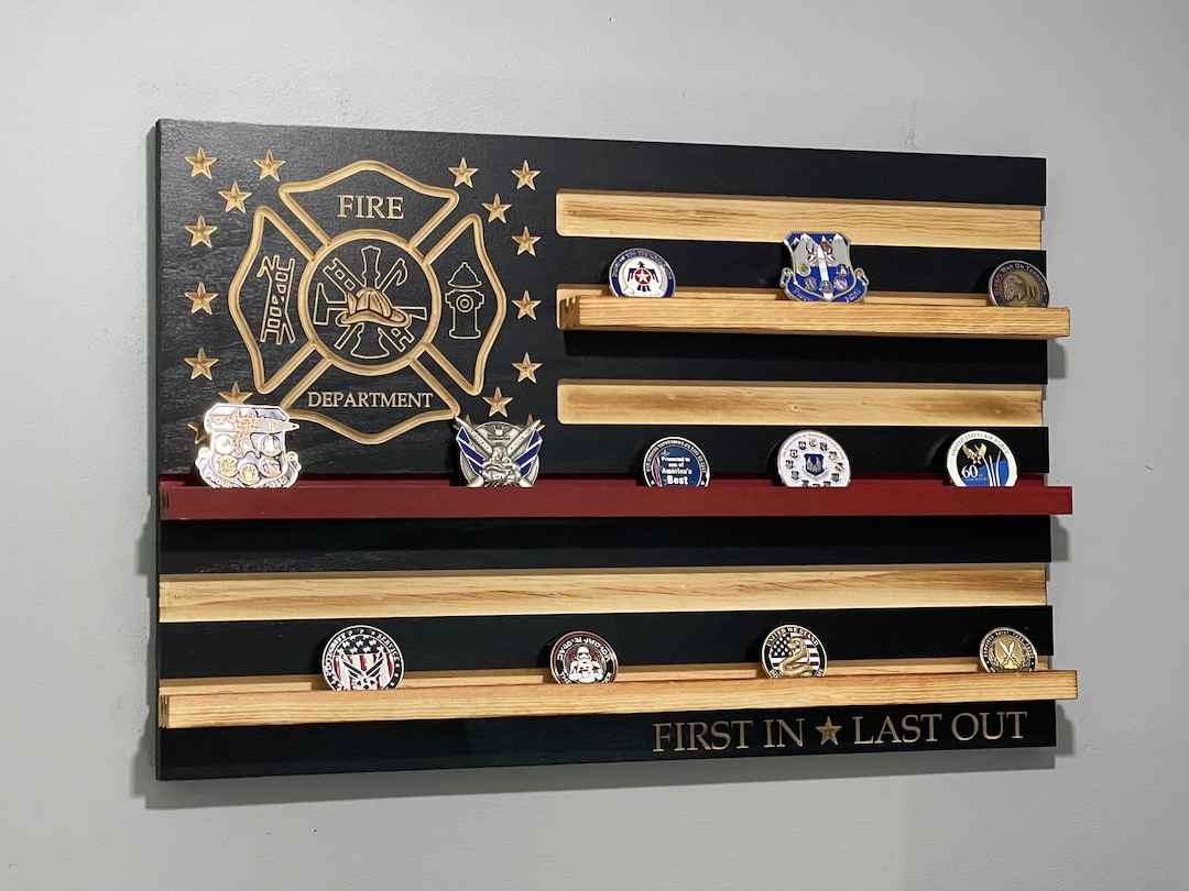 70 Challenge Coin Fireman Holder Display Thin Red Line Cross First in ...