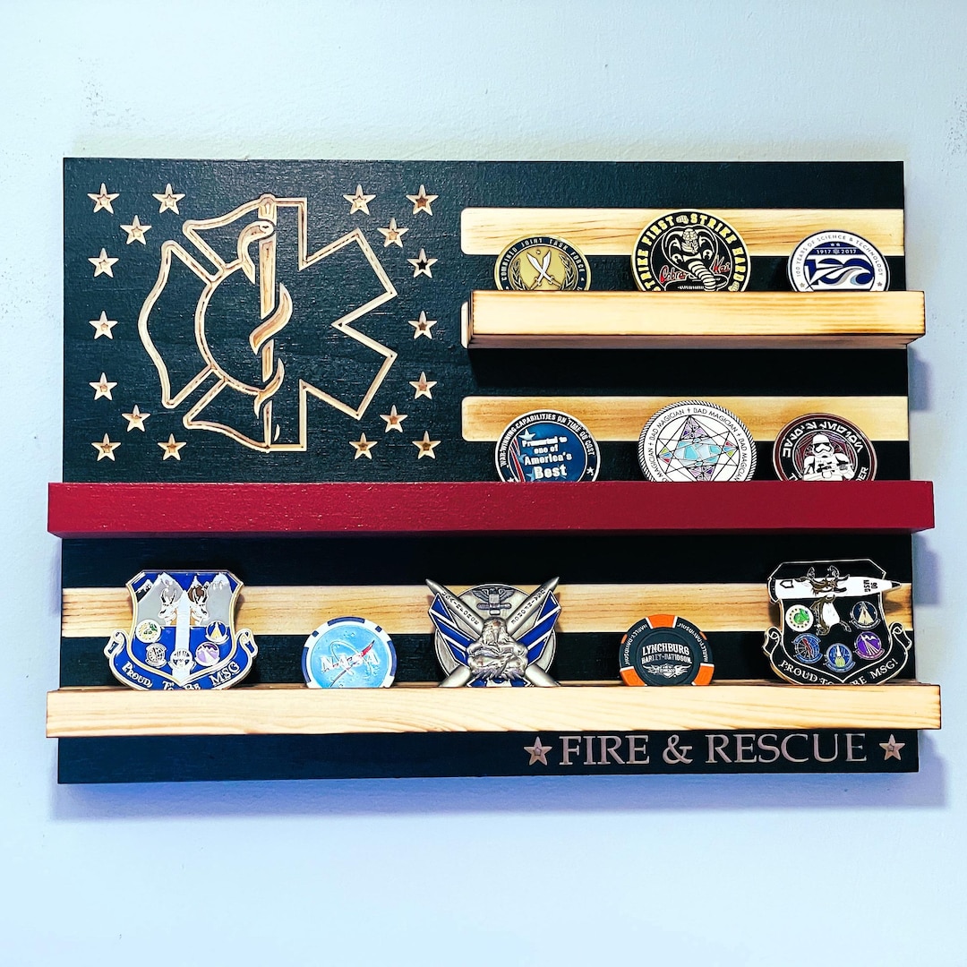 40 Coin Fire & Rescue Challenge Coin Display Thin Red Line Firefighter ...