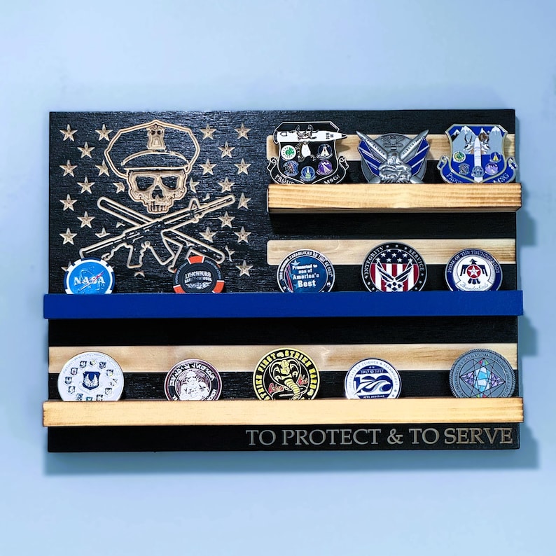 40 Coins Thin Blue Line Challenge Coin Display Wood American Flag ...