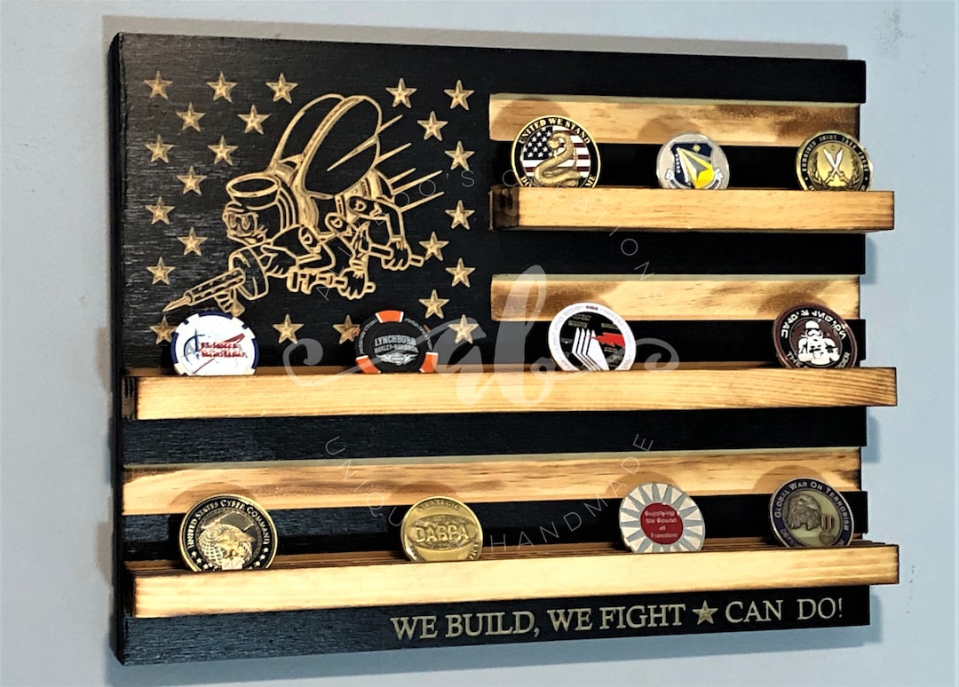 40 Coins Navy Sea Bees Military Challenge Coin Display Holder Wood Flag ...
