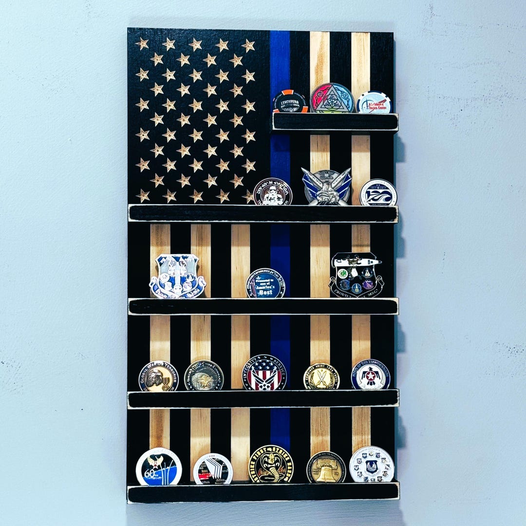50 Coins Vertical Thin Blue Line Challenge Coin Display Wall Mounted US ...