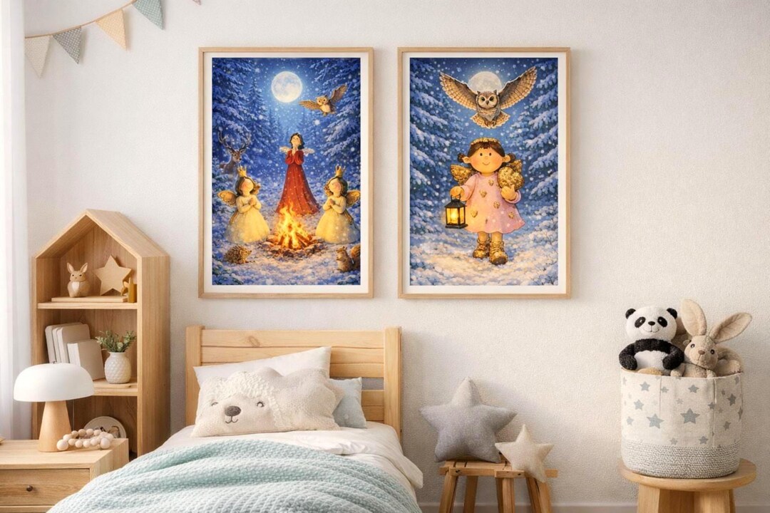 Angel Wall Art Set for Kids Room – Winter Angels With Owl, Moon ...