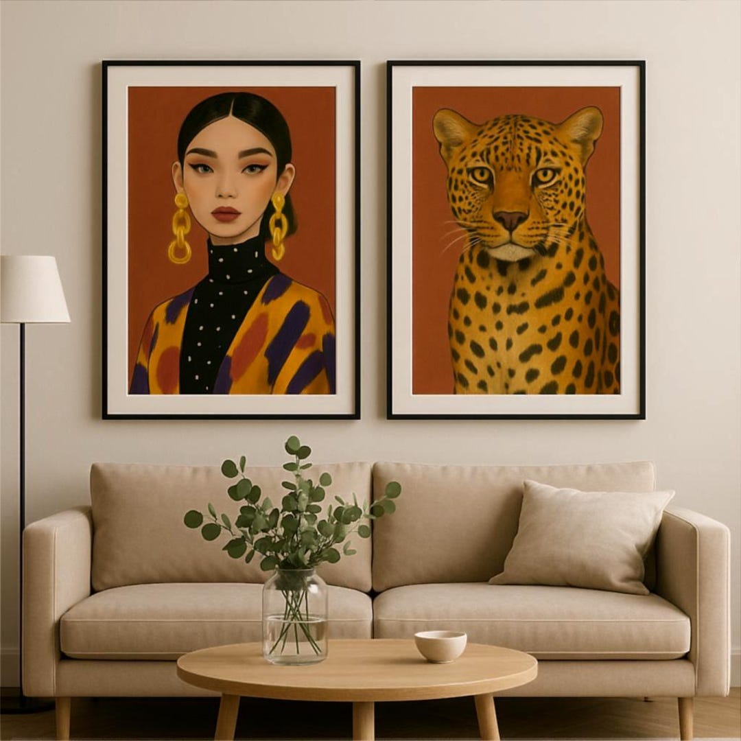 Woman and Leopard Wall Art Set of 2 – Fashion Portrait Prints – Modern ...
