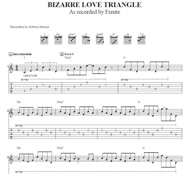 Bizarre Love Triangle Frente Version Fingerstyle Guitar Tab - Etsy
