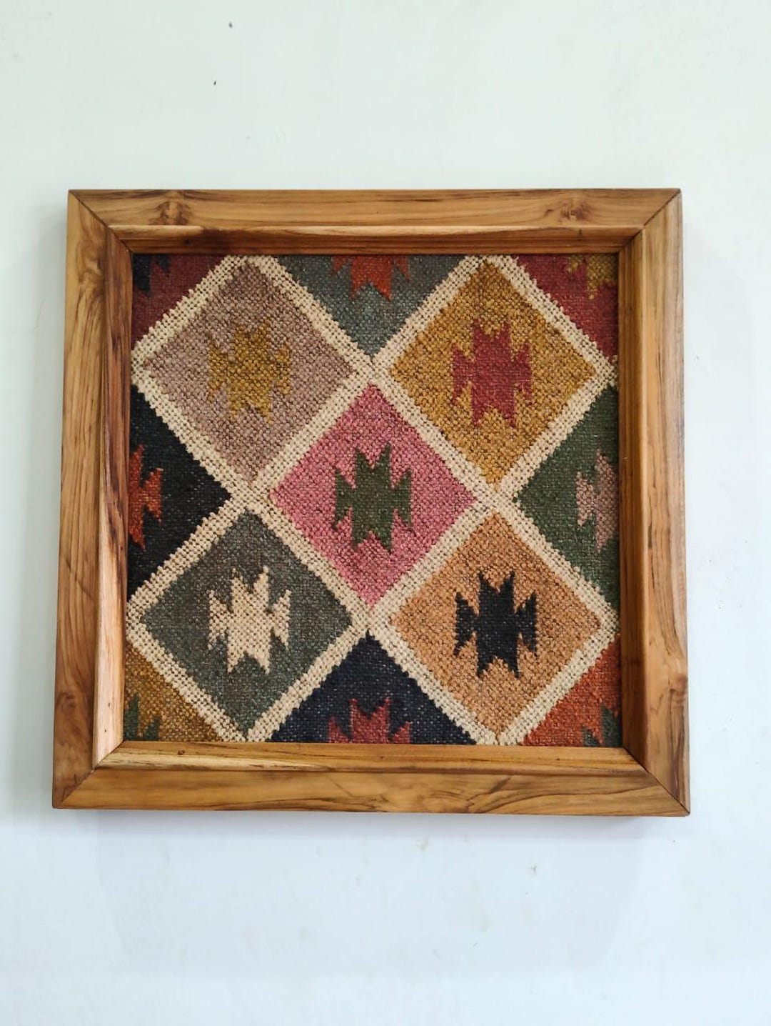 Handwoven Wool Kilim Wall Hanging: Rustic Geometric Art in Wooden Frame ...