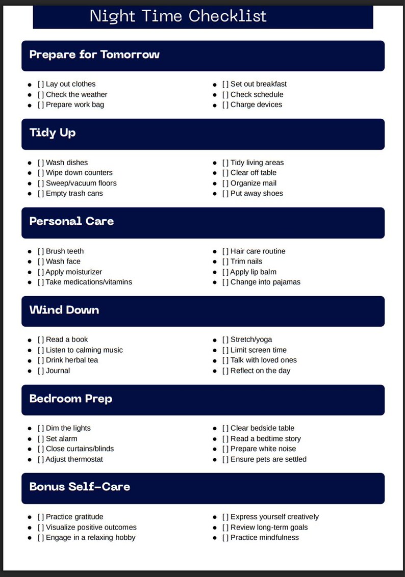 Night Routine Checklist Printable | Self-care Evening Planner | Digital ...