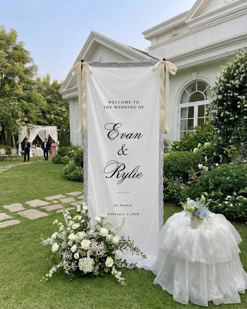 Personalized Linen Wedding Welcome Sign With Lace Trim | Custom Fabric ...